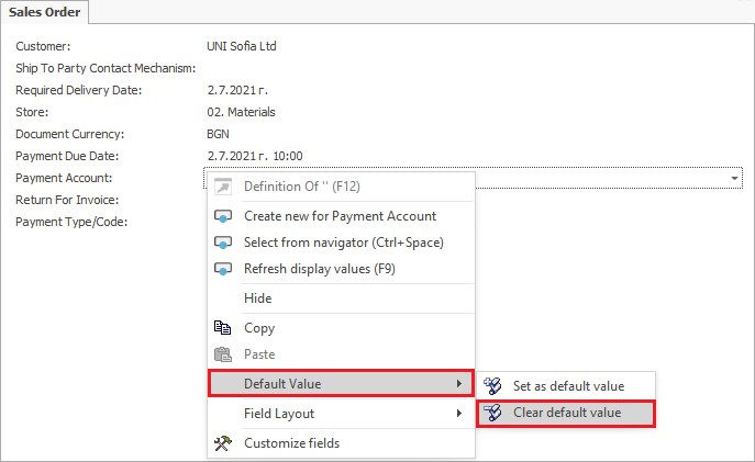 Default values management | ERP.net Windows Client